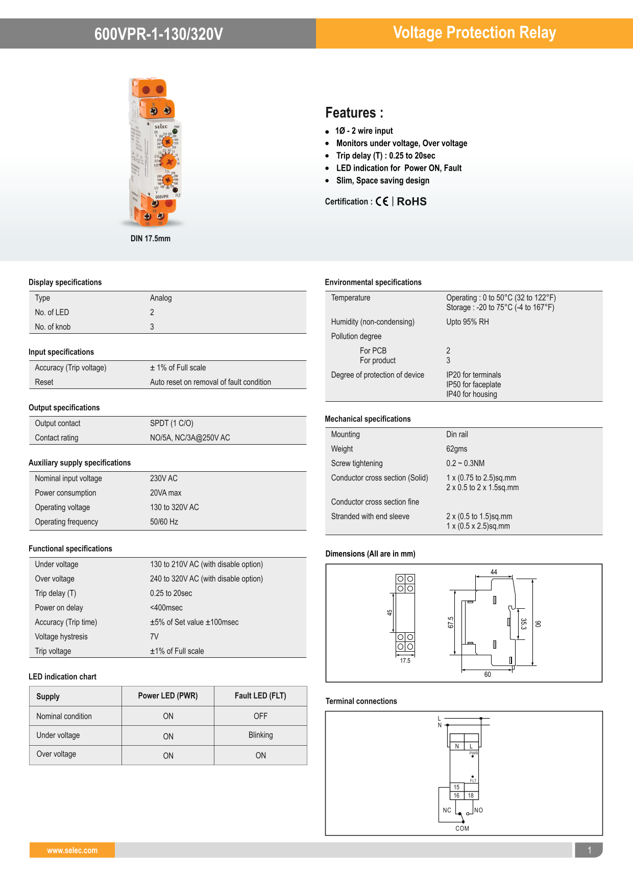 Rơ le bảo vệ điện áp SELEC 600VPR-1-130/320V-CE | Cty AutoVina - Nhà ...